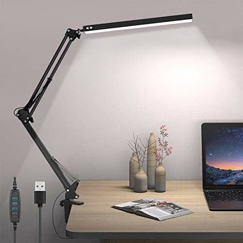 Liraip LED Desk Lamp,10W Swing Arm Desk Light With Clamp, 3 Color Modes&1