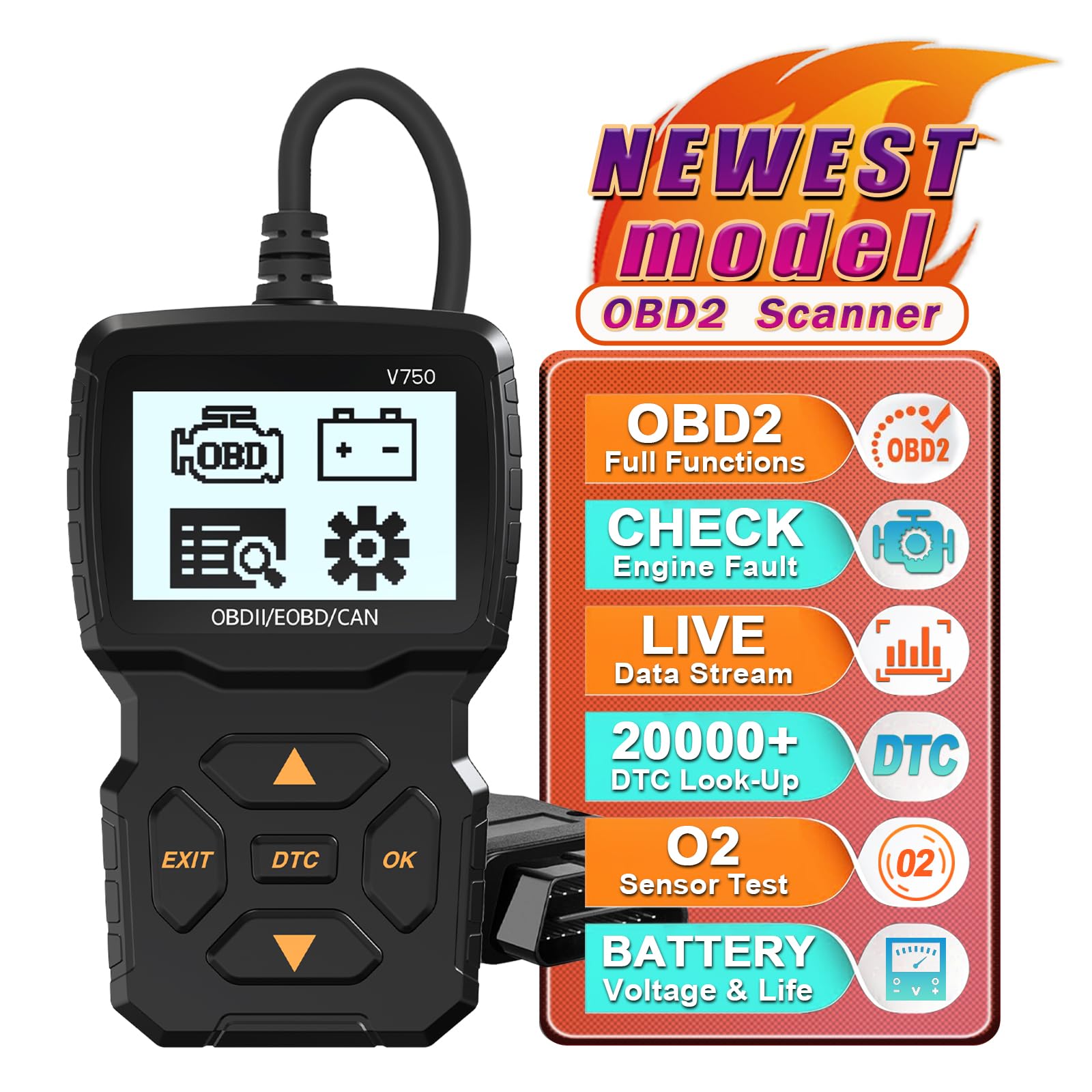 Professional OBD2 Car Diagnostic Scanner - Check Engine Light & Battery V