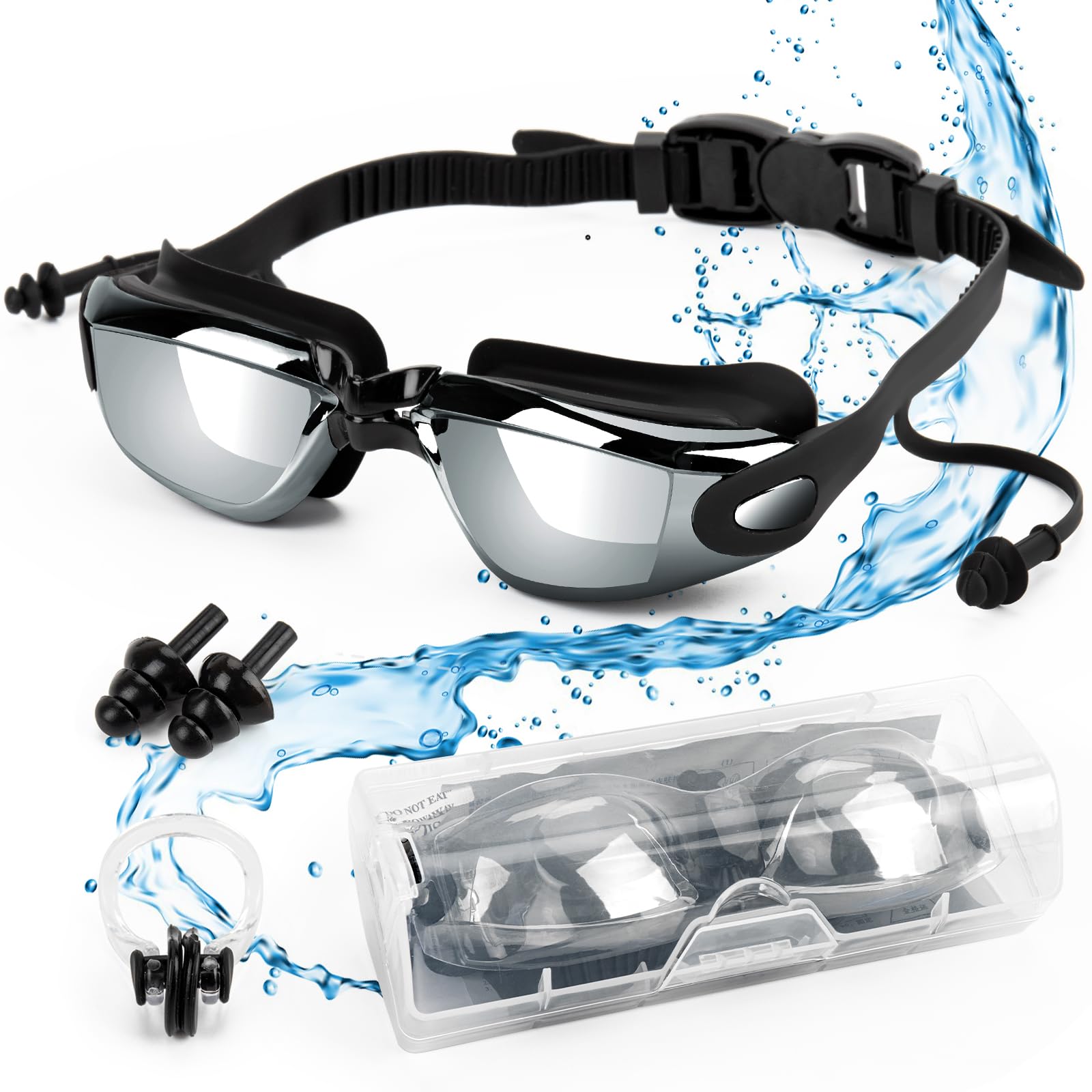 Taope Swimming Goggles, Swim Goggles Attached Ear Plugs For Adult Unisex
