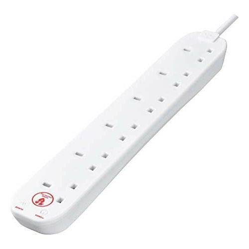Masterplug Six Socket Surge Protected Extension Lead, 2 Metres, White ...