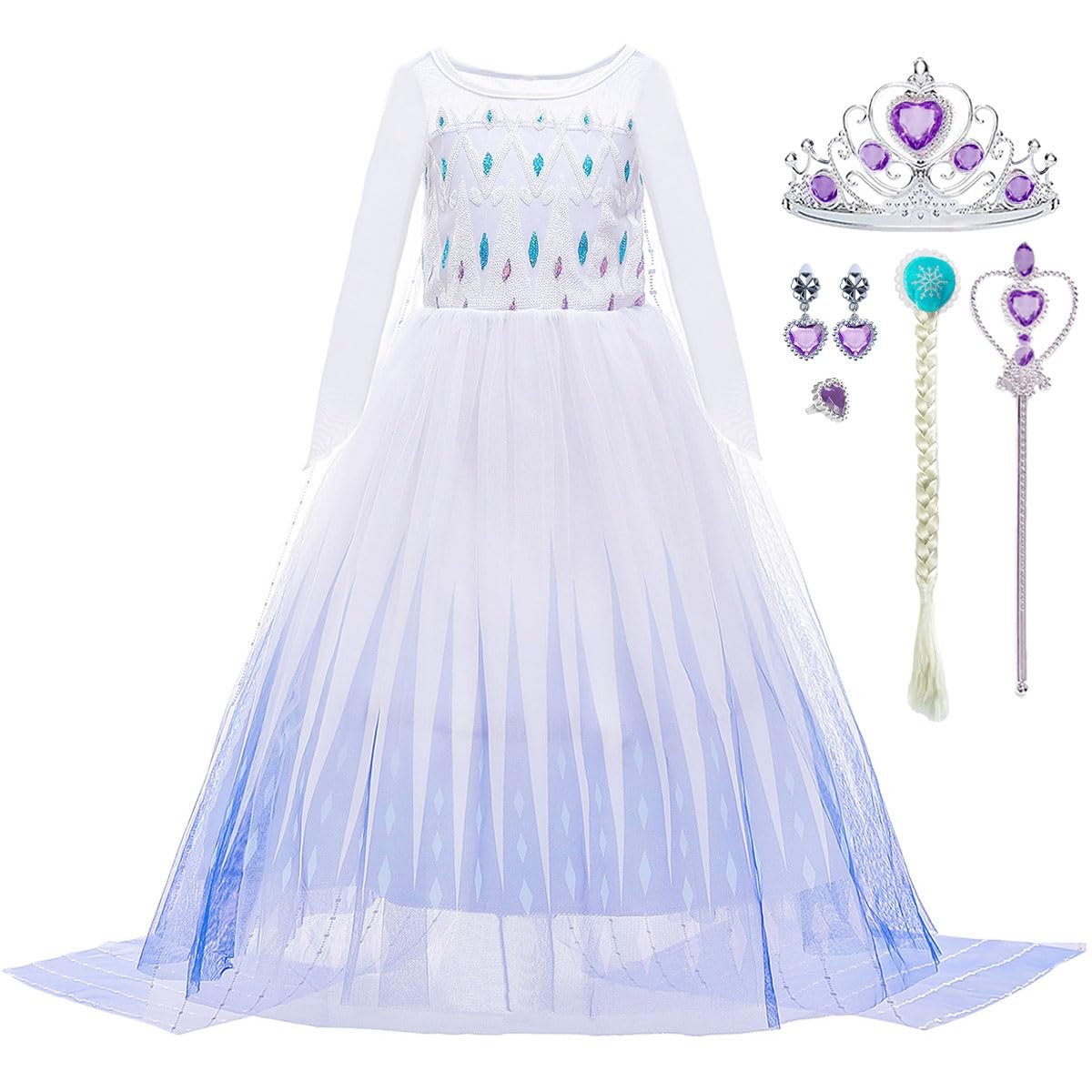 Girls Princess Costume Dress Fancy Dress Snow Queen Party Outfit - White