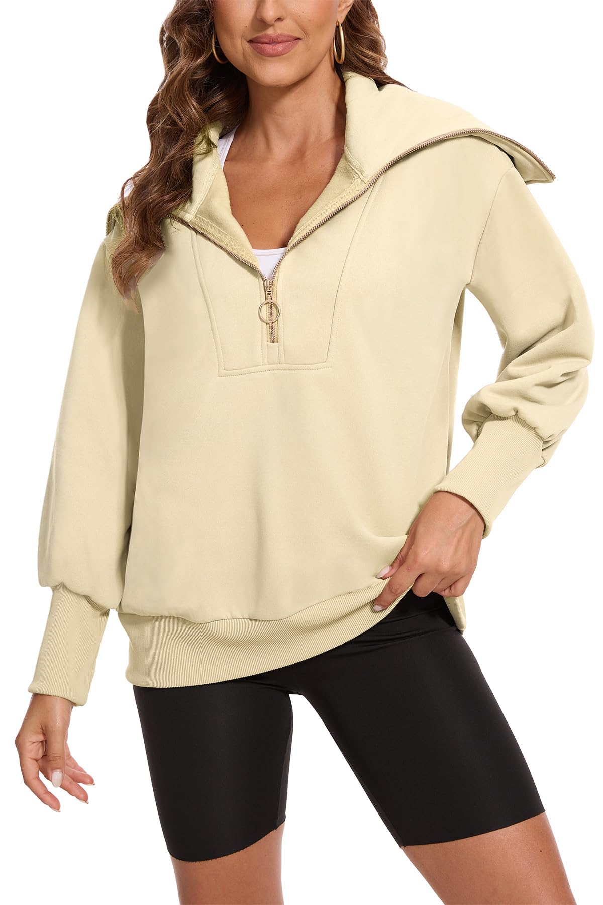 SMENG Long Sleeve Tops Women Drop Shoulder Collar Quarter Zip Fleece Bagg