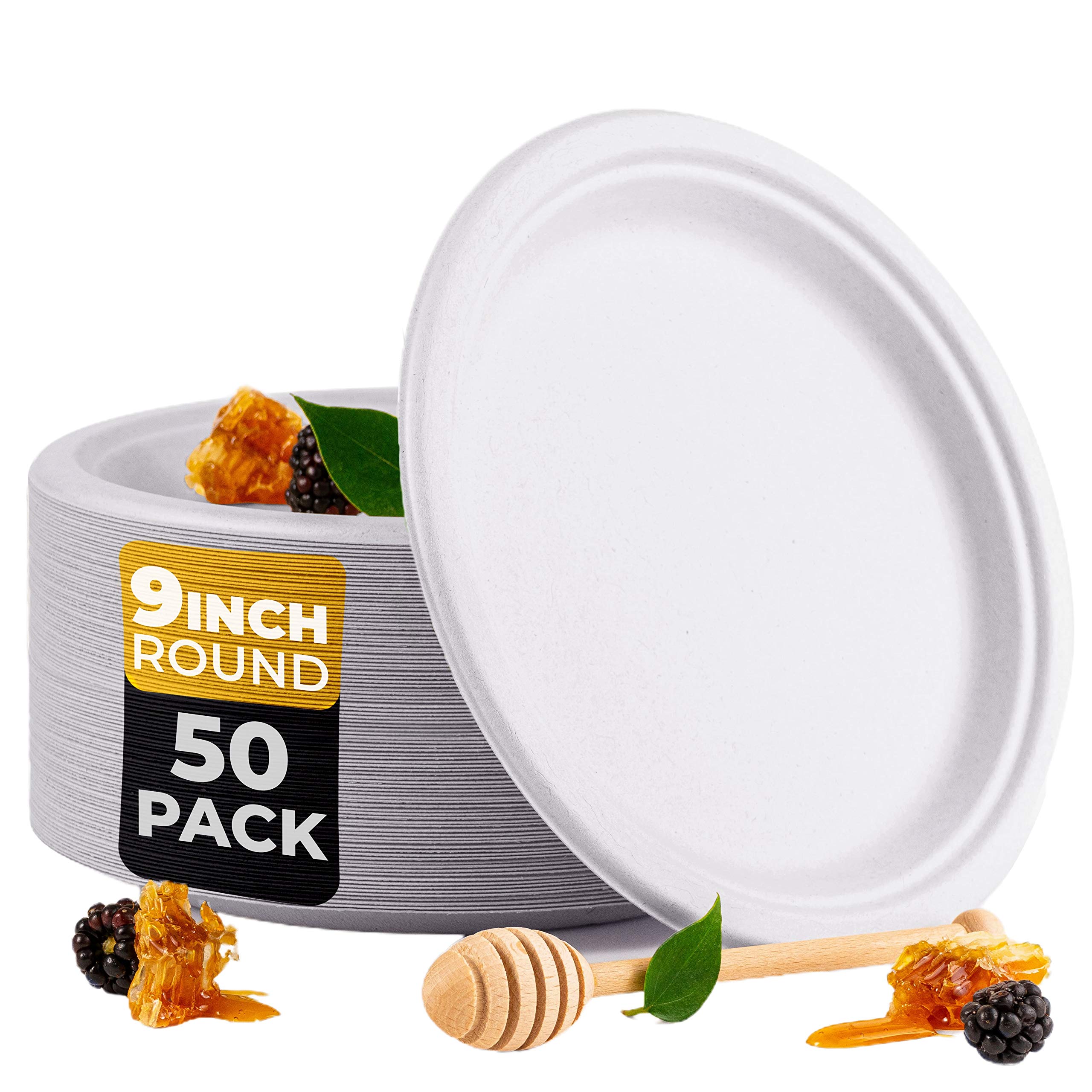 50-Pack 23cm Compostable Bagasse Plates - Strong, Eco-Friendly & Biodegra