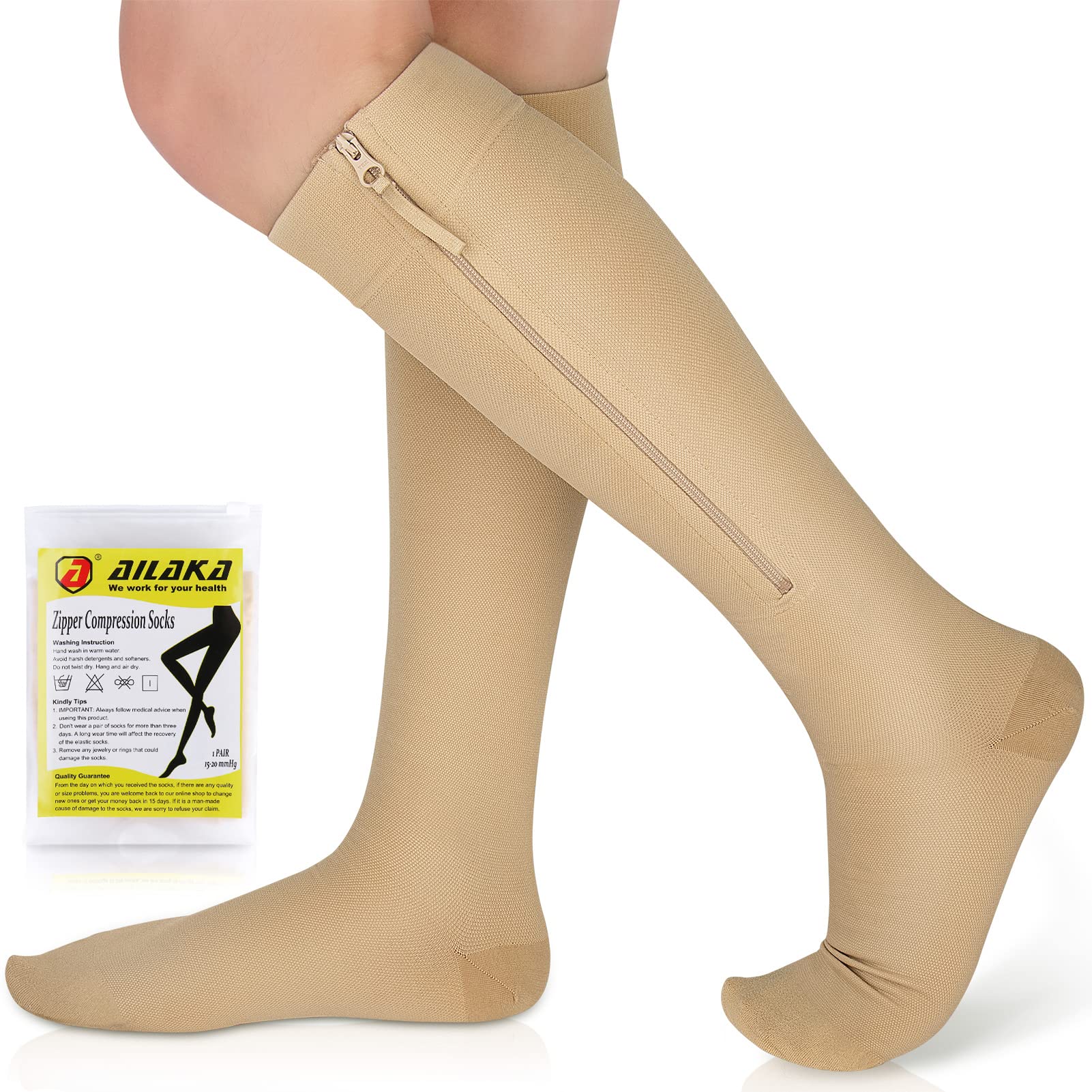 Ailaka Zipper Compression Socks Medical, 15-20 MmHg Knee High Compression