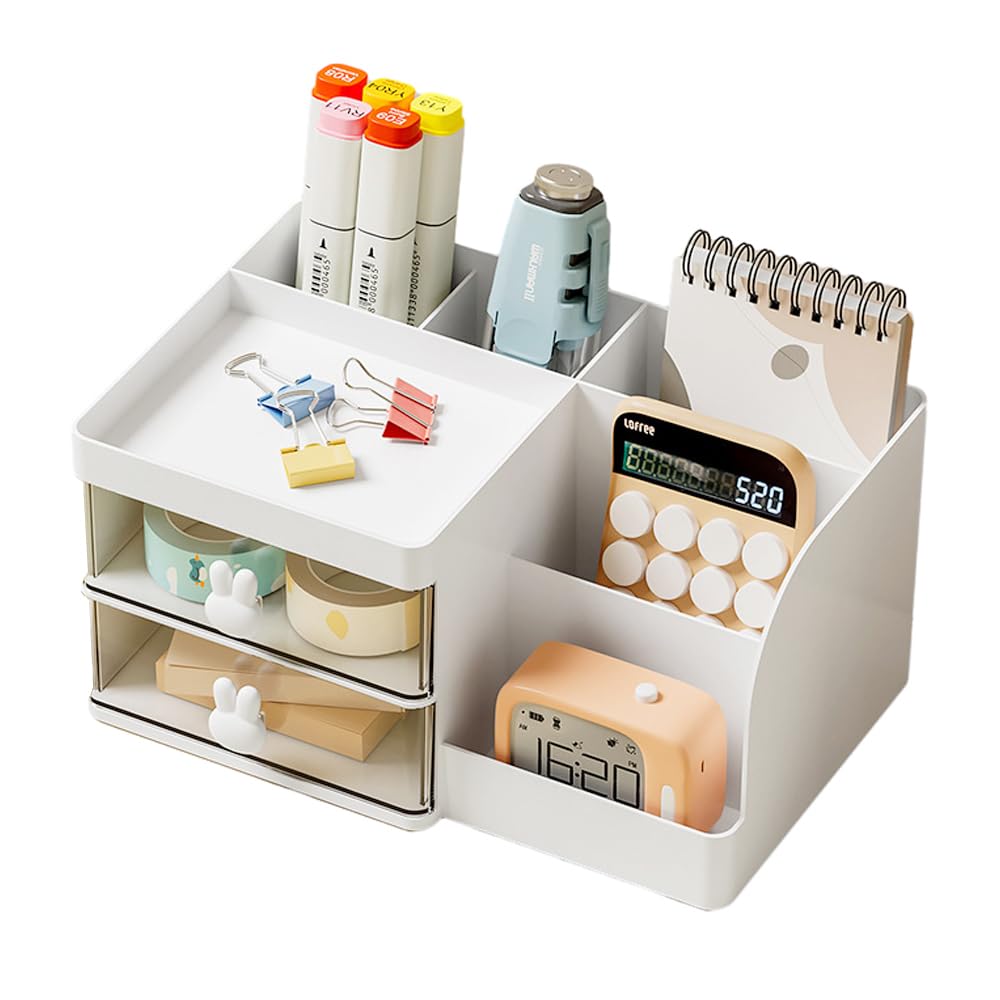 NUODWELL Desk Organiser With 2 Drawers, Plastic Desk Tidy Stationary Stor