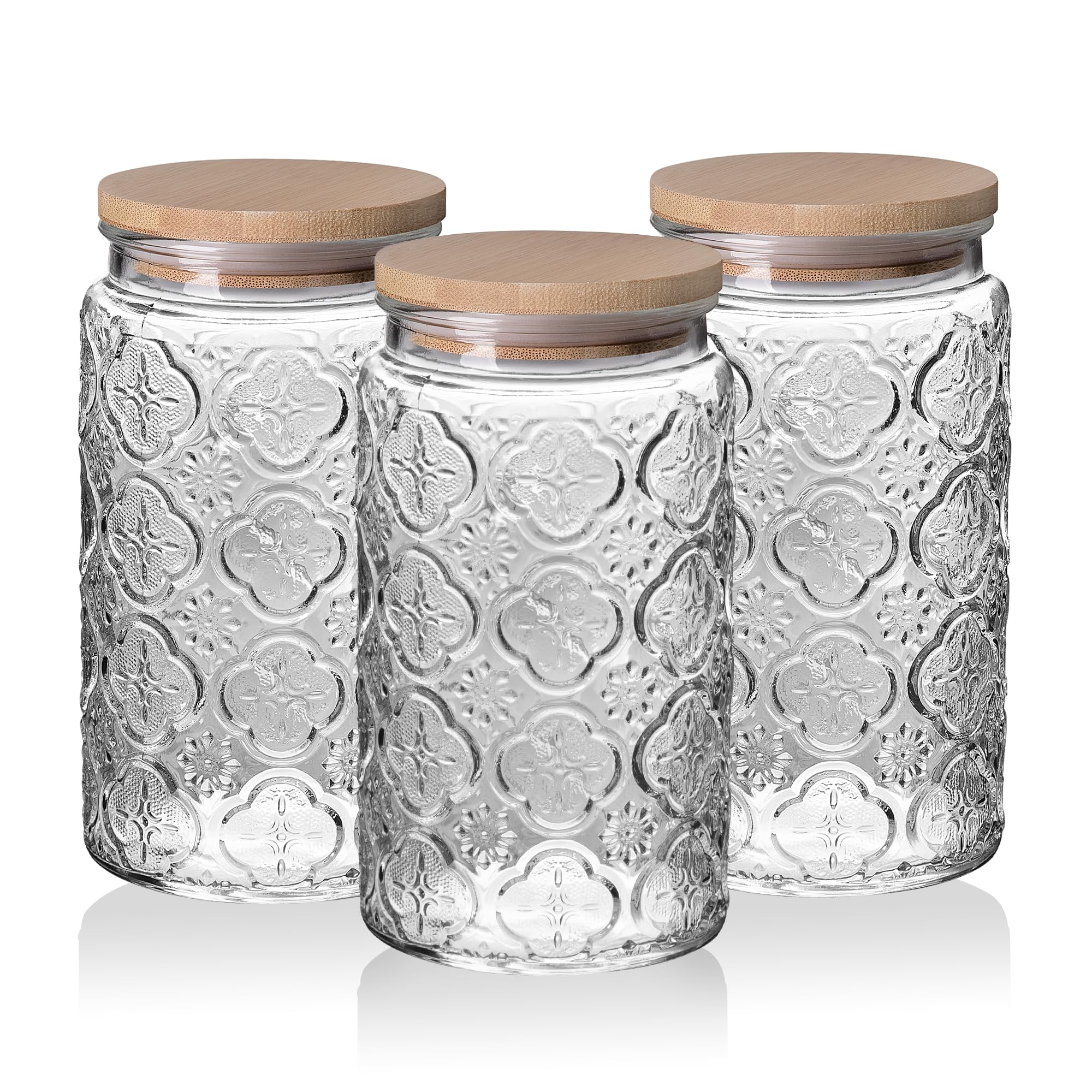 Sweejar Home Set Of Three Cylindrical Bamboo Lid Models Embossed Glass St