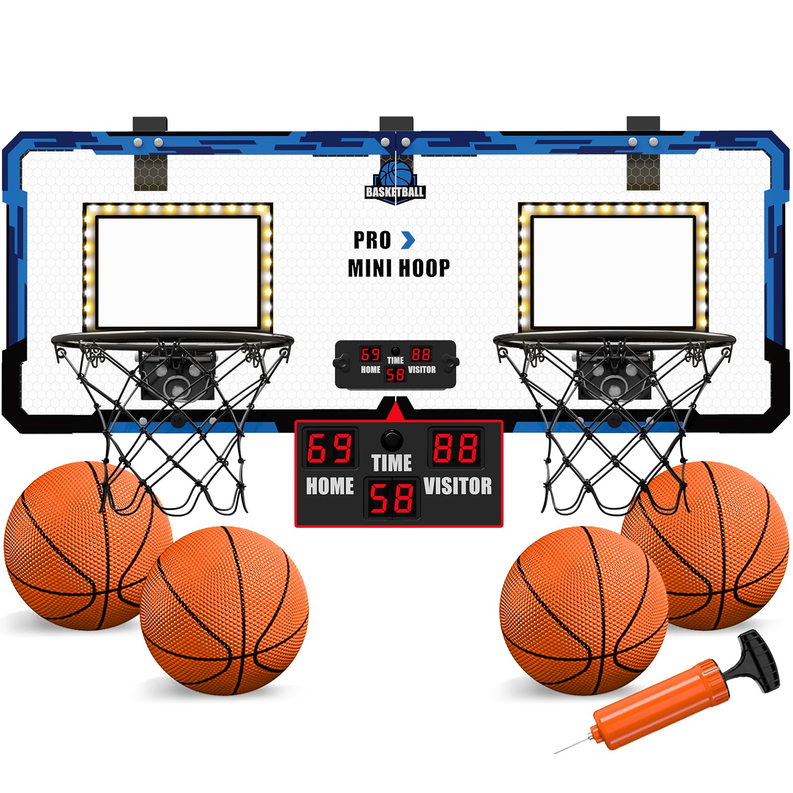 Dual Basketball Hoop For Kids 2 Player Indoor Game With LED Lights, Score