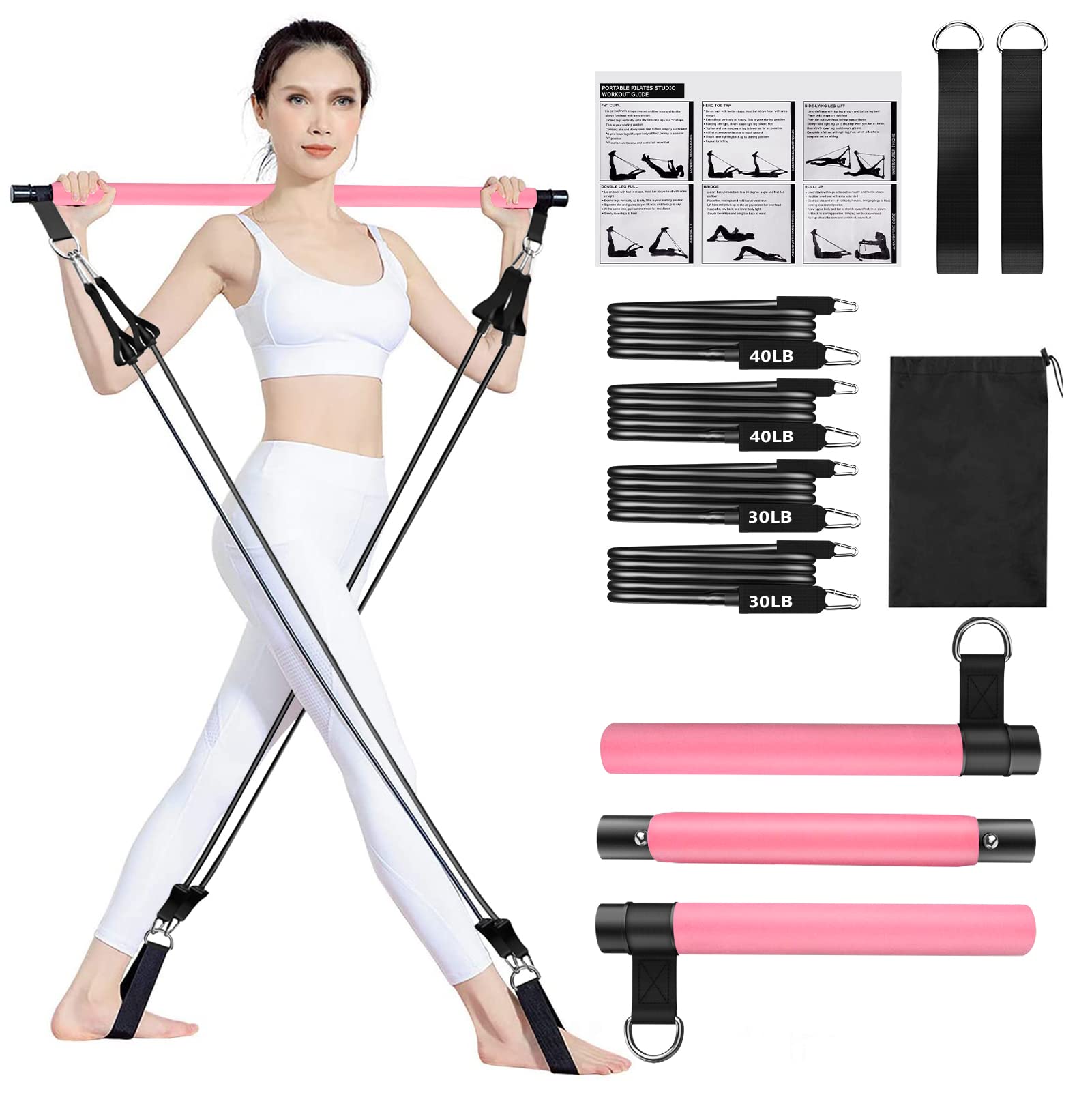 Qicool Pilates Bar Set,Pilates Bar Kit With 4 Resistance Bands(2x30lbs,2x