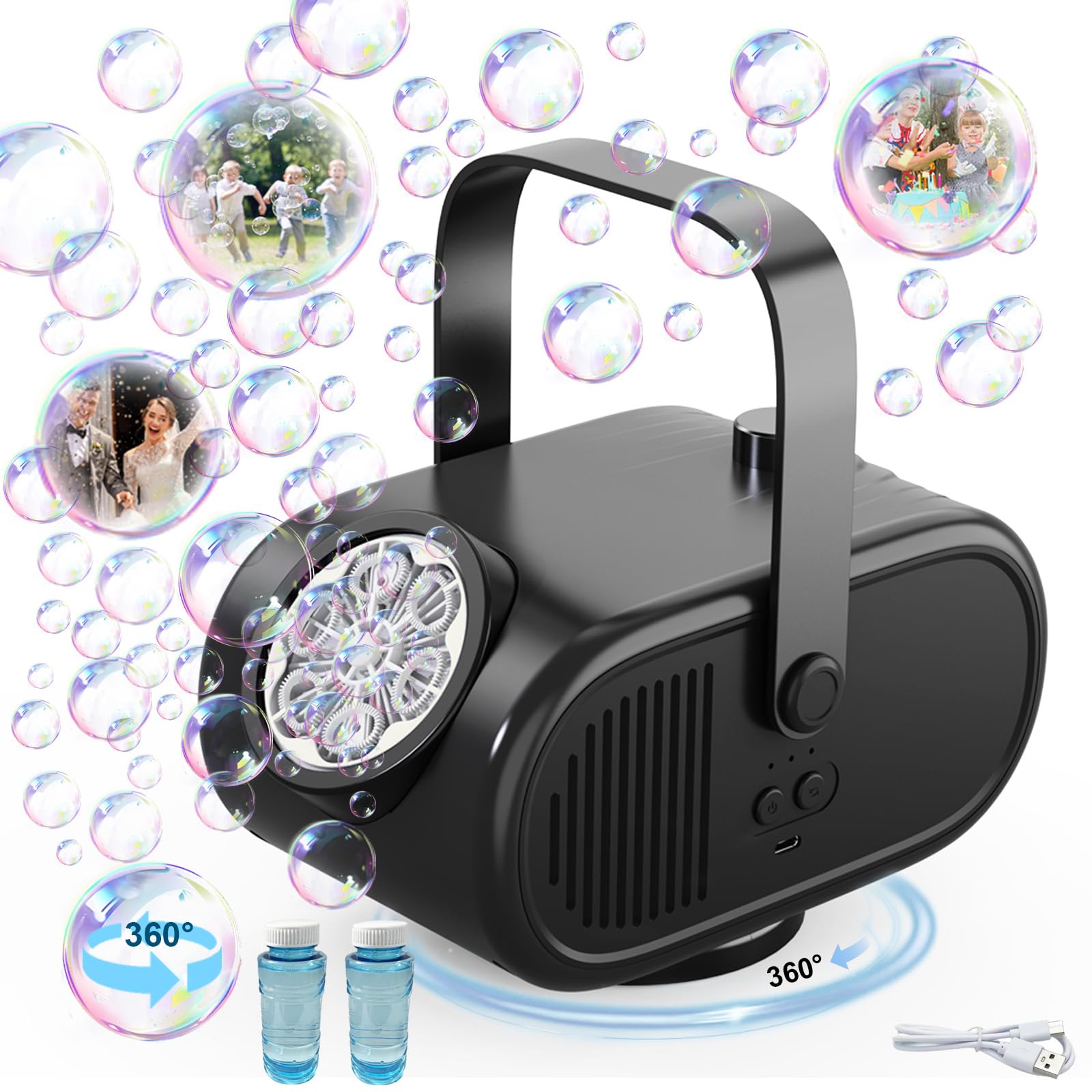 Pulsky Bubble Machine, 90°/180°/360° Automatic Rechargeable Bubble Machin