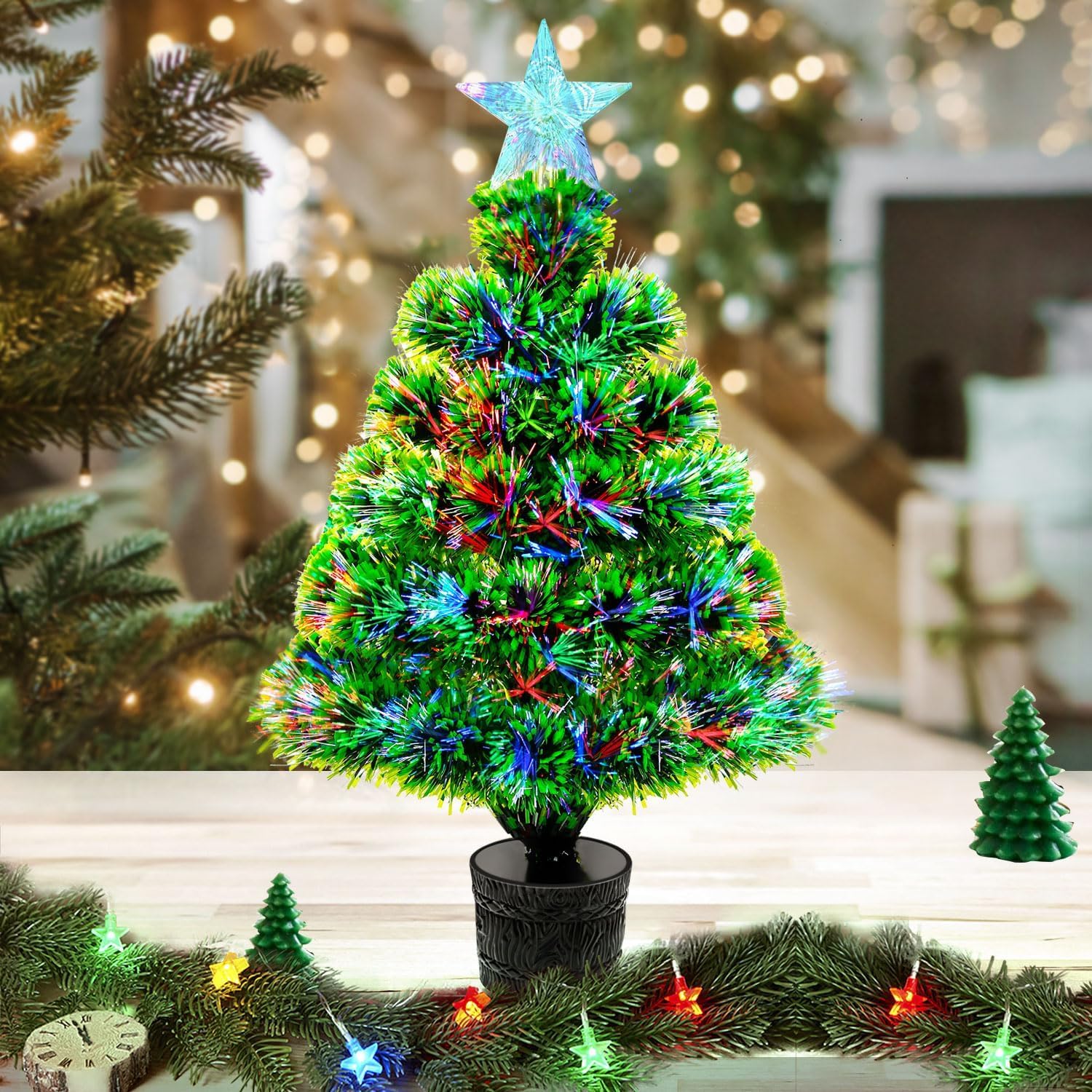 54cm Pre-Lit Fiber Optic Snowflocked Christmas Tree With RGB Lighting & S