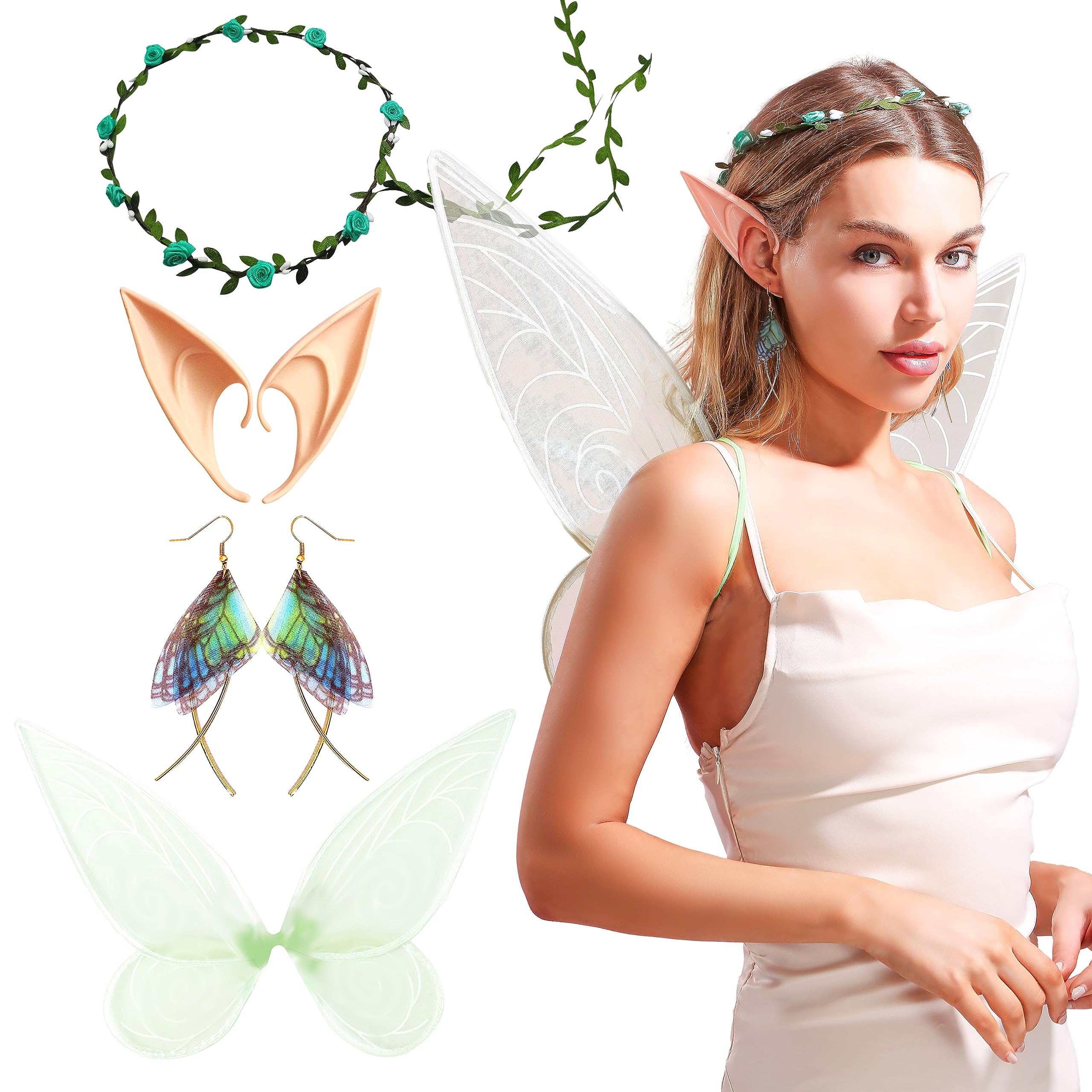 Fairy Costume Accessory Set With Wings, Elf Ears, Earrings & Floral Headb