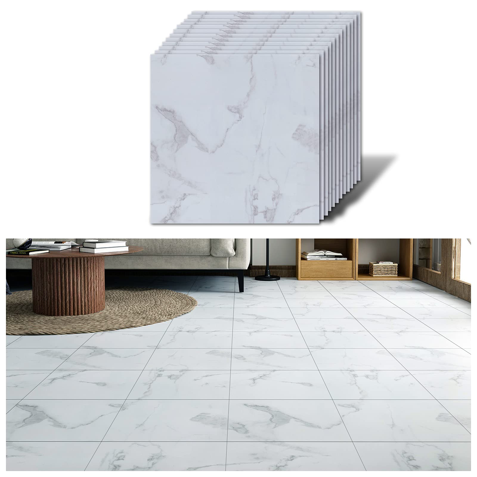 VEELIKE White Marble Floor Tiles Self Adhesive Vinyl Flooring Tiles Stick