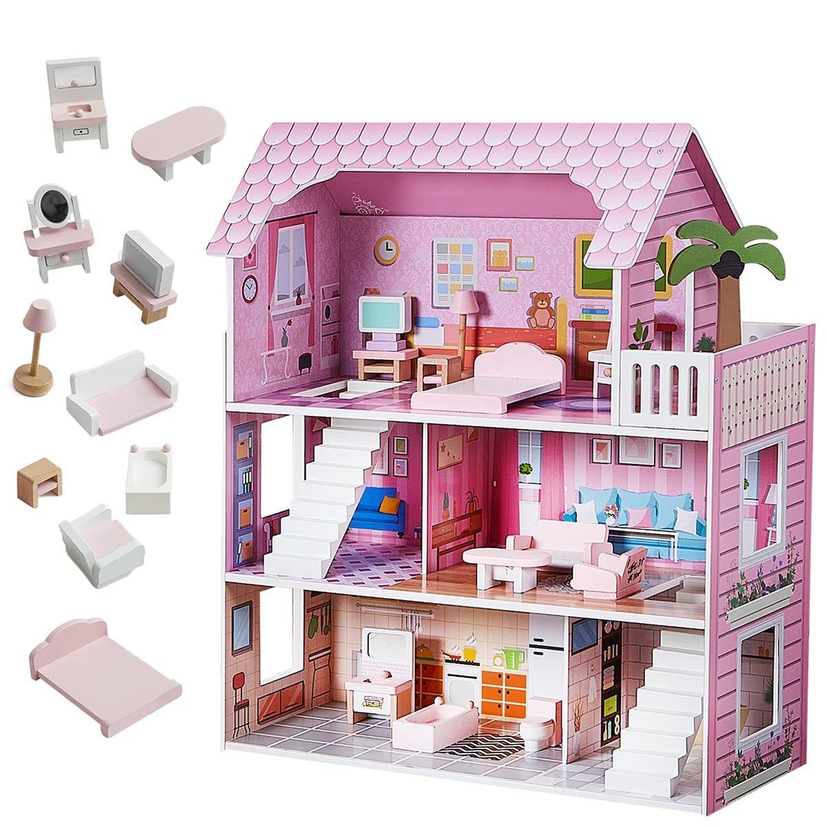 Wooden Dolls House 3-Storey Playset With 11 Furniture Pieces & Staircase