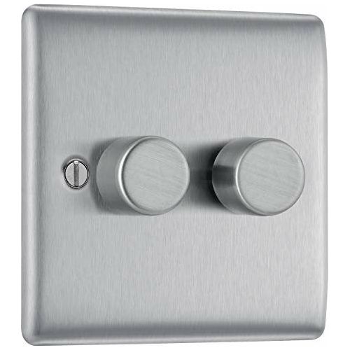 BG Electrical Double Dimmer Light Switch, Brushed Steel, 2-Way, 400 Watts
