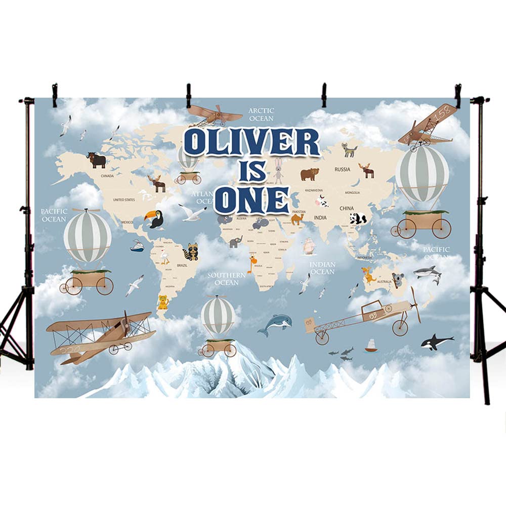 AIBIIN 7x5ft Boy 1st Birthday Backdrop Oliver Is One World Animal Map Air