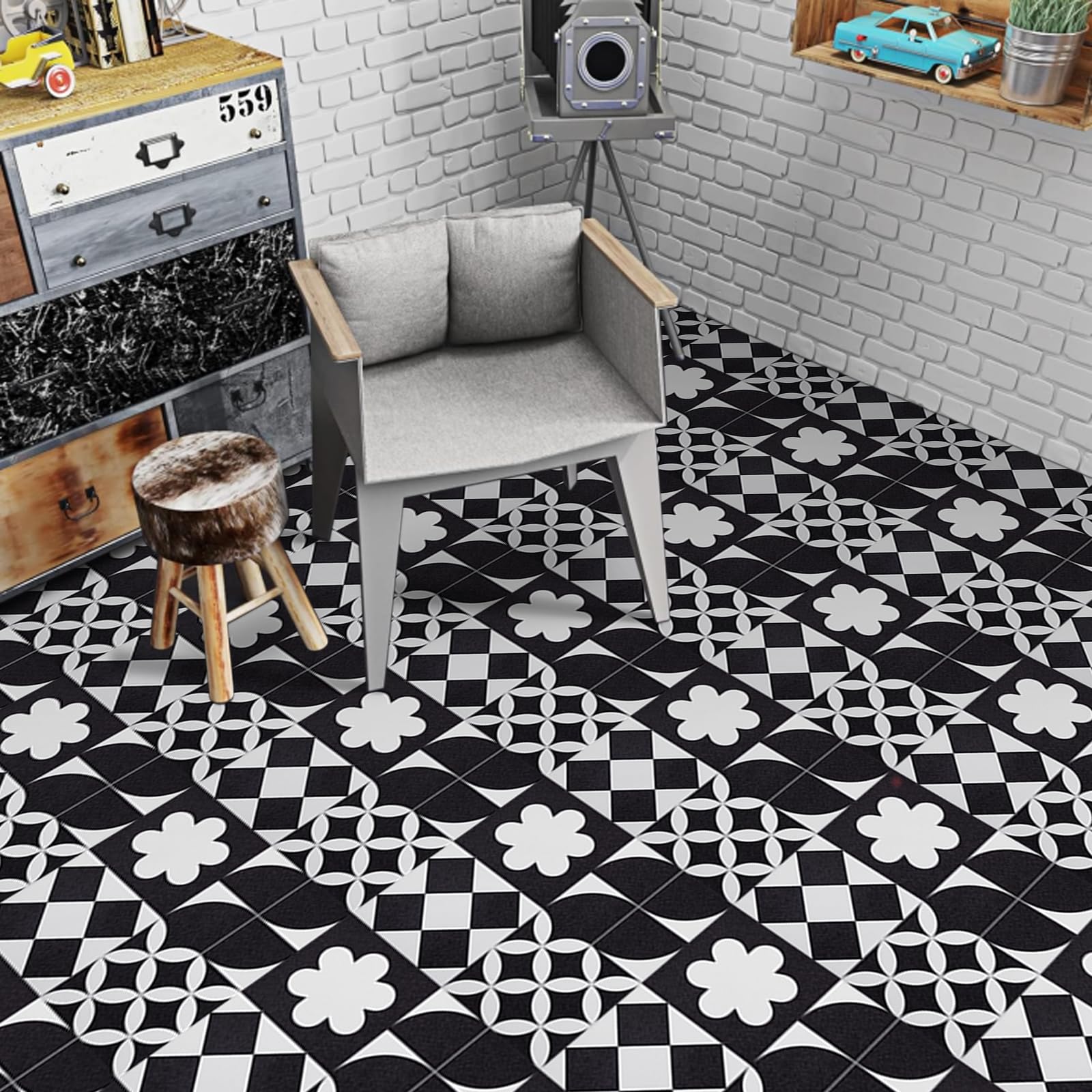Elffloor Black & White Self Adhesive Vinyl Floor Tiles, 30x30cm, 8-Pack,