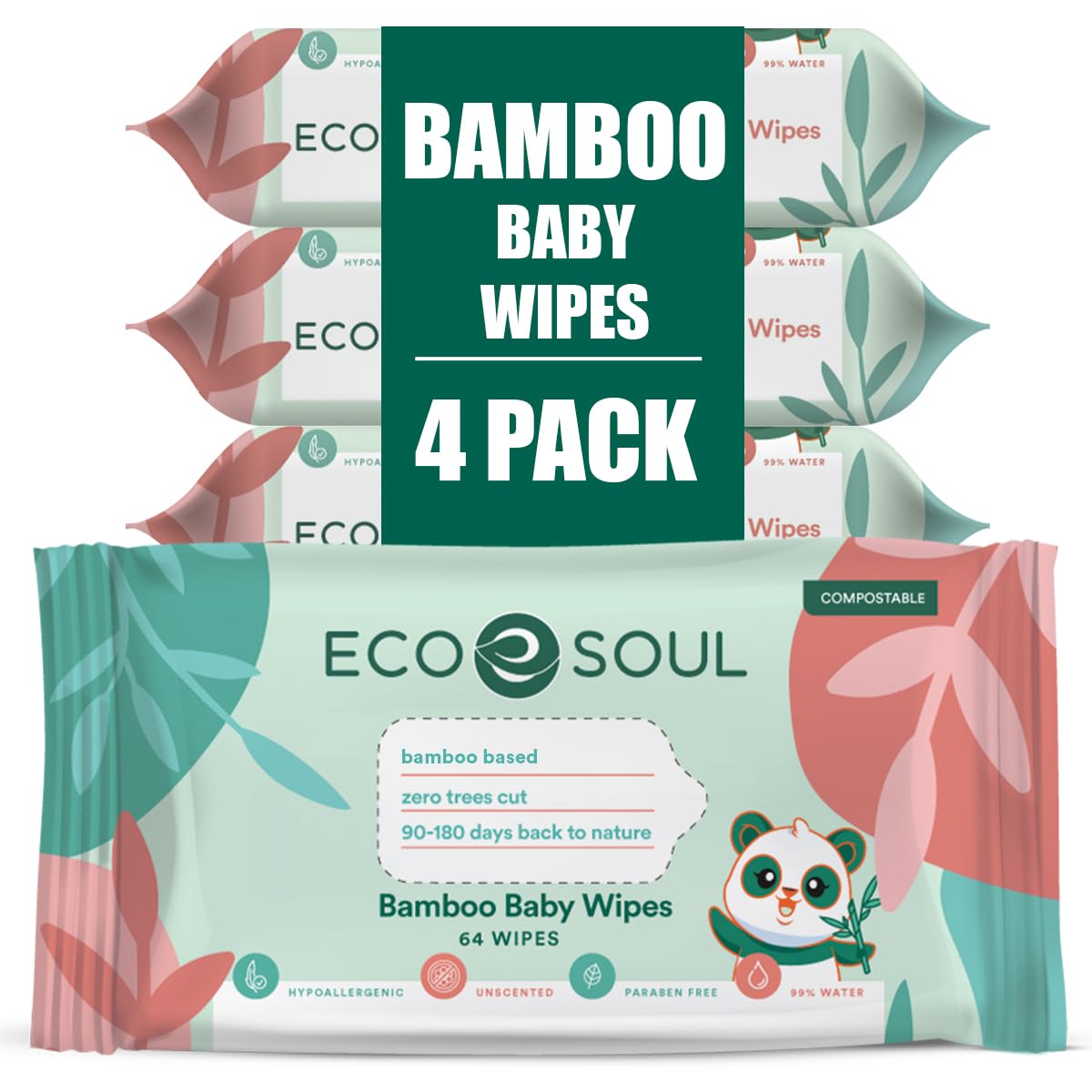 ECO SOUL 100% Bamboo Soft Wet Baby Wipes | 12 Multipack Of 64 Wipes Each