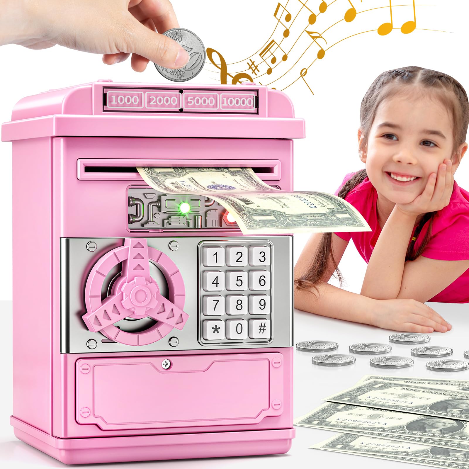 Pink TEMI Electronic Piggy Bank For Kids - Mini ATM Money Safe & Password
