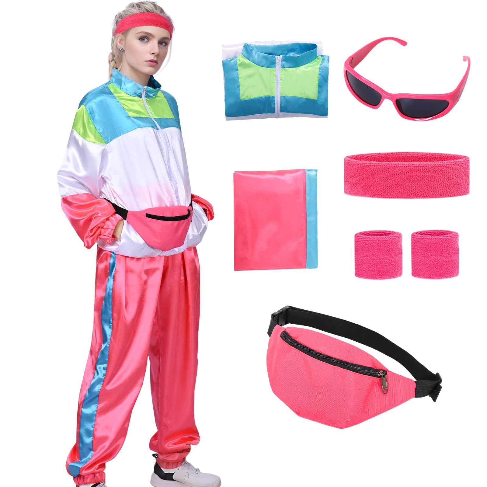 80s 90s Retro Shell Suit Costume Set With Accessories For Parties & Carni