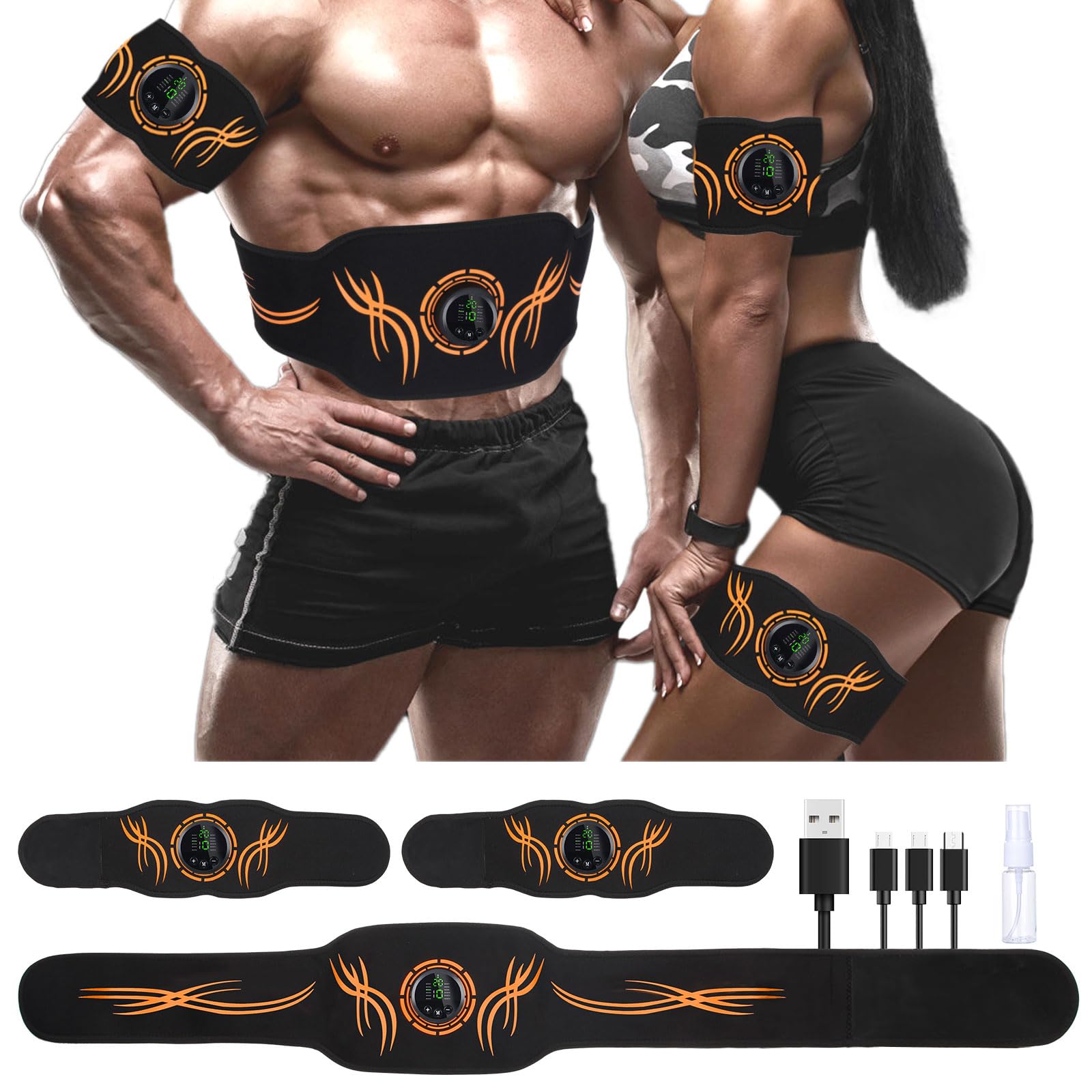 EMS Muscle Stimulator & ABS Toning Belt - 12 Modes, USB Rechargeable, Por