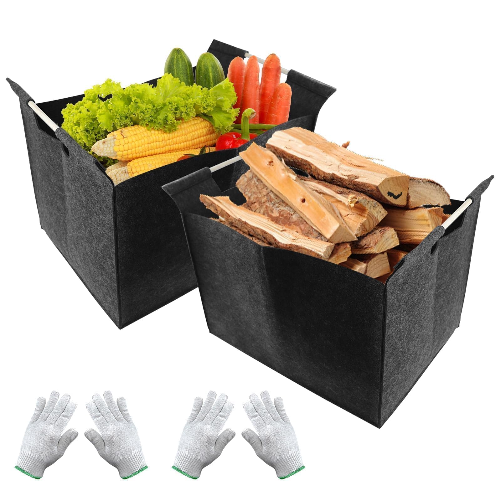 2Pcs Foldable Felt Fireplace Wood Basket With Handles, Indoor Outdoor Fir